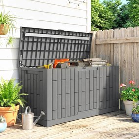 Zahradní box 379 litrů Vodotěsný uzamykatelný box odolný proti UV záření Dřevěný box na zahradní polštáře 122,5x56x62cm Šedý