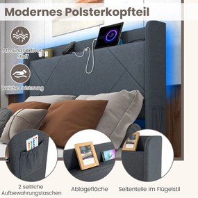 Costway Rám manželské postele včetně LED osvětlení, čalouněná plošina s nabíjecí