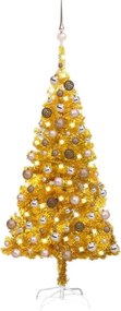 vidaXL Umělý vánoční stromek s LED a sadou koulí 150 cm PET [3077584] Barva: Zlatá a šedá