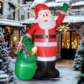 Outsunny Nafukovací Santa Claus, 275 cm, s pytlem a medvědem, vánoční dekorace s integrovanými LED světly