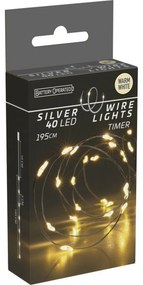 Světelný drát Silver, 2m, 40 LED, teplá bílá, časovač, na baterie