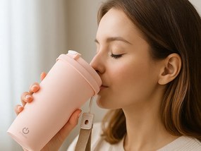 Verk Group Samomíchací hrnek 350 ml, ocelová termoska na studené i horké nápoje, s usb kabelem