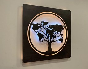 Li-Go "Mapa světa v kruhu" světelný obraz s baterií 70x70cm varianta: ovládání na obraze bez dálkového ovladače, provedení: dub světlý