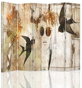 Ozdobný paraván Žena Ptáci Vintage - 180x170 cm, pětidílný, obustranný paraván 360°