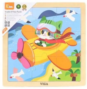 Viga Dřevěné puzzle 9 dílků - letadlo s kočičkou