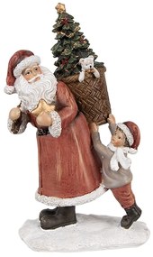 Červená vánoční dekorace Santa se stromkem v nůši a chlapcem - 17*13*27 cm