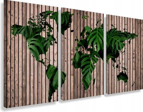 Obraz na zeď triptych do obývacího pokoje mapa dřevo listy monstera 90x180 cm