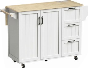 HOMCOM kuchyňský ostrůvek s vysouvací pracovní deskou, nabíjecí stanice, kolečka, 2 dveře, 3 zásuvky, regál na koření a držák na ručníky, bílý