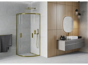 Mexen Rio, čtvrtkruhový sprchový kout s posuvnými dveřmi 80 (dveře) x 80 (dveře) x 190 cm, 5mm čiré sklo, zlatý profil, 863-080-080-50-00