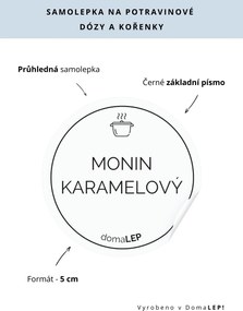 Samolepka na láhev MONIN KARAMELOVÝ průměr 5 cm – průhledná vinylová, voděodolná, omyvatelná samolepka na dózy, základní písmo