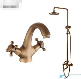 Nástěnný sprchový panel EYN TER1305 s umyvadlovou baterií, starobronz a starobronz s tmavě hnědou rukojetí