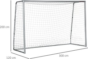 HOMCOM Fotbalová branka s PE sítí, fotbalová branka pro děti i dospělé, 300 x 120 x 200 cm, ocel, PE, na zahradu, na fotbalový trénink, šedá | Aosom