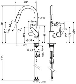 Hansgrohe Focus M41, kuchyňská páková baterie 240 s výsuvnou sprškou, 2jet, vzhled nerezu, HAN-31815800