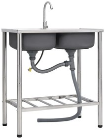 Kempingový dřez dvojitý s baterií nerezová ocel 151212