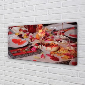Obrazy na plátně Srdce okvětní lístky růží večeře brýle 120x60 cm