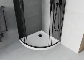 Mexen Rio, čtvrtkruhový sprchový kout s posuvnými dveřmi 90 (dveře) x 90 (dveře) x 190 cm, 5mm šedé sklo, černý profil + bílá sprchová vanička Slim, 863-090-090-70-40-4110B