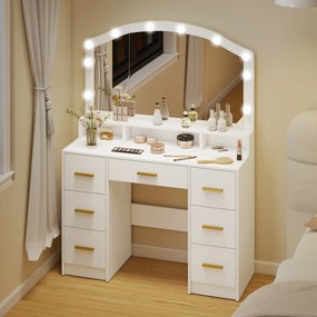 HOMCOM Toaletní stolek s 10 LED hollywoodskými žárovkami, zrcadlo, 7 zásuvek, 3 přihrádky, MDF, bílá