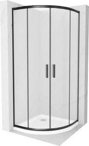 Mexen Rio, čtvrtkruhový sprchový kout s posuvnými dveřmi 80 (dveře) x 80 (dveře) x 190 cm, 5mm sklo námraza, černý profil + bílá sprchová vanička SLIM, 863-080-080-70-30-4110B