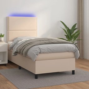 Box spring postel matrace a LED cappuccino 90x200 cm umělá kůže