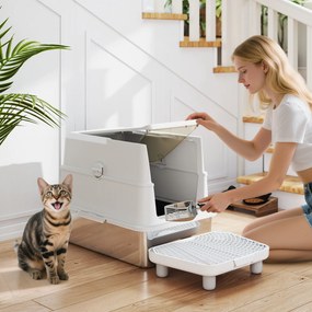 PawHut XL krytá kočičí toaleta z nerezové oceli s lopatkou a osvěžovačem – světle šedá