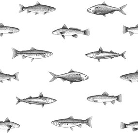 Bílá vliesová tapeta s černými rybami 138967, Black & White, Esta
