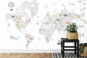 Fototapeta World Map With Cute Animals In Cartoon Style. Map For Nursery, Kids Room With Nature, Animals, Transports. Skandi Omyvatelný vlies 416x254