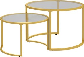 HOMCOM Sada 2 moderních kulatých stolků s variabilní výškou 70/54 cm, se skleněnou deskou a zlatým ocelovým základem