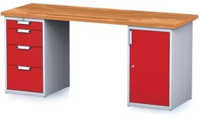 Alfa 3 Dílenský stůl MECHANIC I se zásuvkovým boxem a skříňkou na nářadí místo nohou, 4 zásuvky, 2000 x 700 x 880 mm, červené dveře
