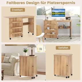 Costway Pojízdný skládací šicí stolek s úložnými boxy, přírodní