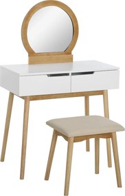 HOMCOM Severský design toaletní stolek s zrcadlem, 2 šuplíky a stoličkou, Bílá borovice