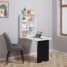 Nástěnný skládací stůl HOMCOM s 5 přihrádkami, bílá a černá deska, 60x94,5x147cm, prostorově úsporný pro domácí kancelář