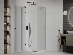 Mexen Roma, sprchový kout s 1-křídlými dveřmi 80 (dveře) x 80 (stěna) cm, 6mm čiré sklo, černý profil, slim sprchová vanička 5cm bílá s černým sifonem, 854-080-080-70-00-4010B