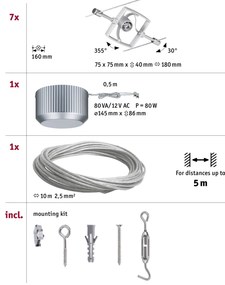 Paulmann 94152 Mac2, lankový systém, 7x max 10W LED 12V, matný chrom, 500cm