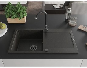 Mexen Leo, dřez granitový 900x500x190 mm, 1-komorový, černá-zlatá metalíza s černým sifonem, 6501901010-75-B