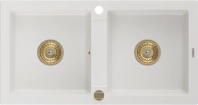 Mexen Mario, granitový dřez 820x436x161 mm, 2-komorový, bílá se zlatým sifonem, 6504822000-20-G