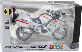 LEAN Toys Kovový motocykl se světly a zvuky, bílý s červenými a žlutými pruhy, měřítko 1:12