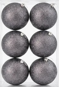Sada vánočních ozdob šedá glitter 10 cm plastová koule, balení 6 ks