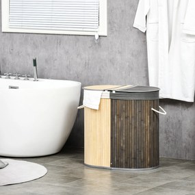 HOMCOM Koš na prádlo z bambusu s kapacitou 100L a víkem, s odnímatelným pytlem se 2 přihrádkami 62,5x37x60,5 cm Šedý a přírodní