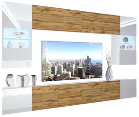 Obývací stěna Belini Premium Full Version bílý lesk / dub wotan + LED osvětlení Nexum 7