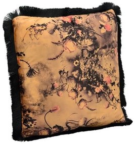 Měděno-černý sametový polštář s květy a třásněmi Dans - 45*45cm