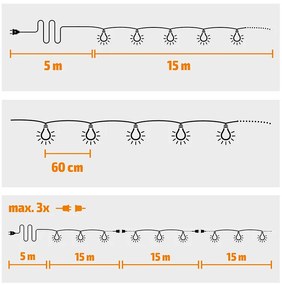 SOLIGHT LED venkovní řetěz s žárovkami, 25 žárovek, 15m+5m, 750lm, teplá bílá