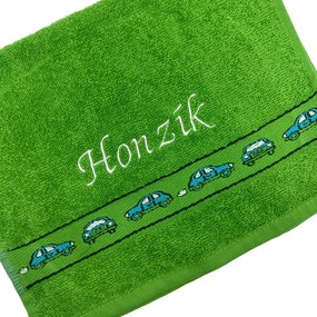 Zelený dětský ručník s vlastním textem - Autíčka 30 x 50 cm
