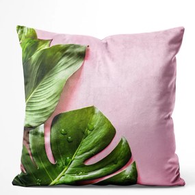 Dekorační velurový polštář Sladké spojení - rostlinná kompozice v odstínech zelené a růžové barvy z mikrovlákna