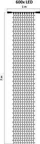 Interiérová LED světelná záclona, teple bílá, transparentní kabel, 1x7 m, 600 diod