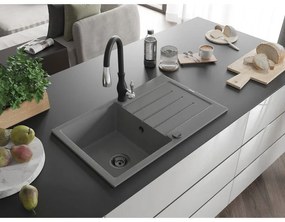 Mexen Bruno, 1-komorový granitový dřez 795x495x200 mm a dřezová baterie Savita, šedá, 6513-71-672601-70-B