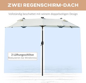 Dvojitý slunečník, terasový slunečník, sklápěcí, se solárním panelem, 35 LED diod, ocelový rám, béžová barva, 2,92 x 1,50 x 2,18 m