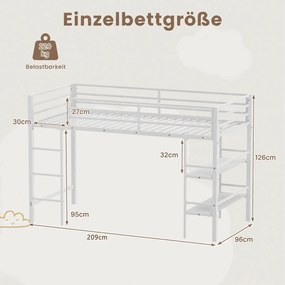 Costway Vyvýšená postel 90 × 200 cm s žebříkem a policemi, bílá