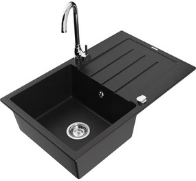 Mexen Bruno, 1-komorový granitový dřez s odkapávačem 80x50 cm a kuchyňskou baterií Telma, černá, 6513-77-670200-00