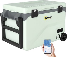 Outsunny 42,5 l přenosný elektrický chladicí box (12/24/240 V) – kompresorová lednice/mrazák, Bluetooth, LED displej, režimy ECO/MAX, madlo, držák, ko