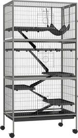 Pawhut Multifunkční klec pro hlodavce se 4 platformami, 3 rampami a 4 dvířky, rozměry 80L x 52W x 159H cm, šedá, stříbrná, černá, ocel